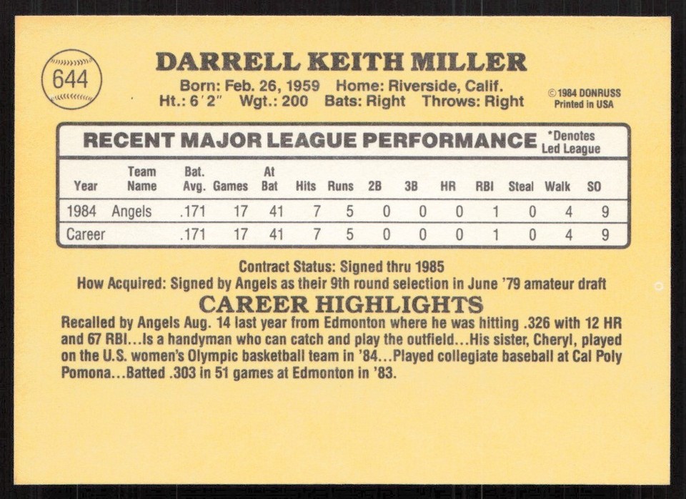 1985 Donruss #644 Darrell Miller Rookie California Angels | eBay