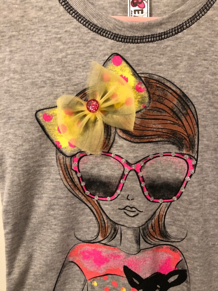 Beautees Girls Sht Sleeve Fashion Graphic Embellished w Glitter/Bow Top ...