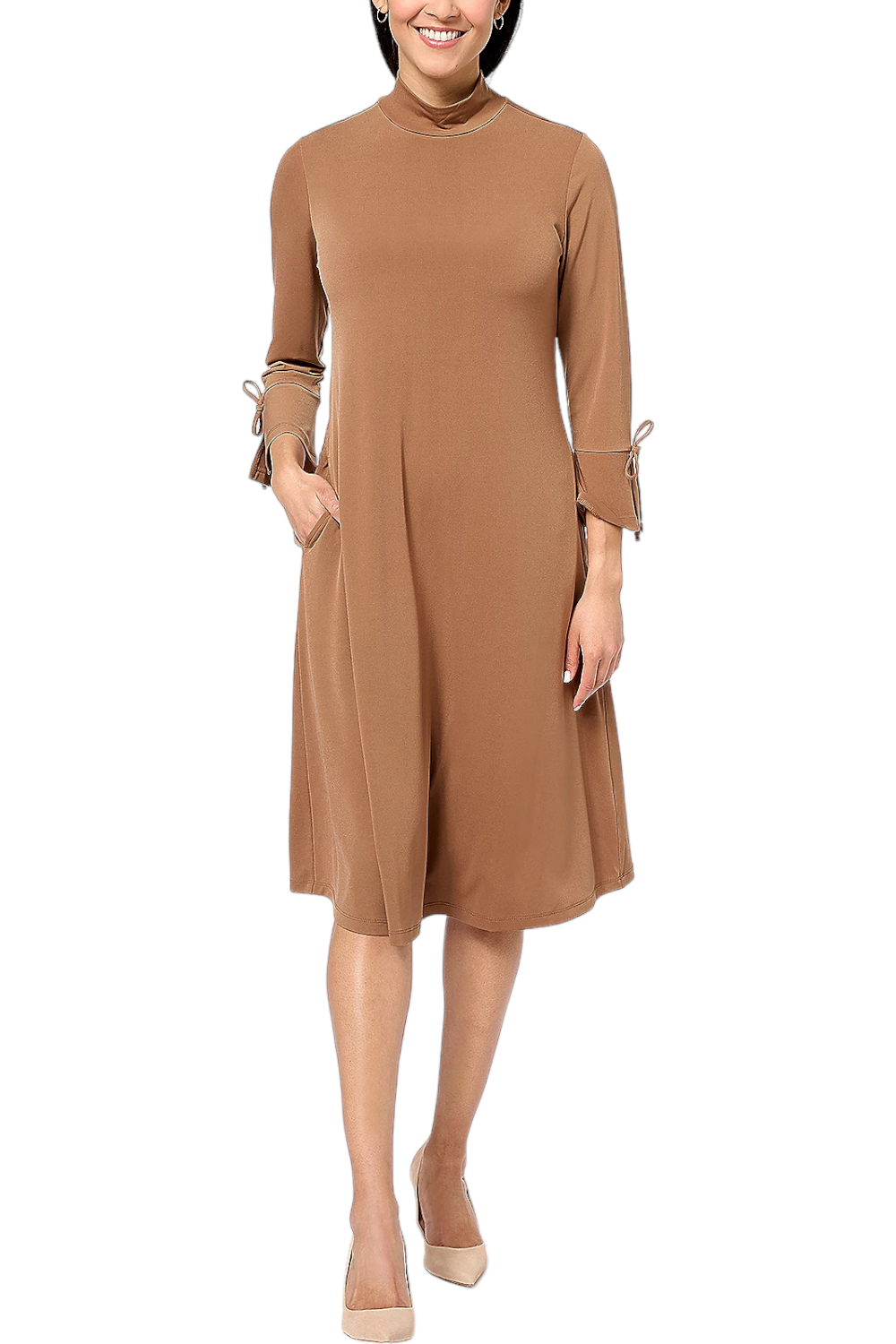 Susan Graver Liquid Knit Mock Neck Midi Dress With Tie Sleeves Toffee