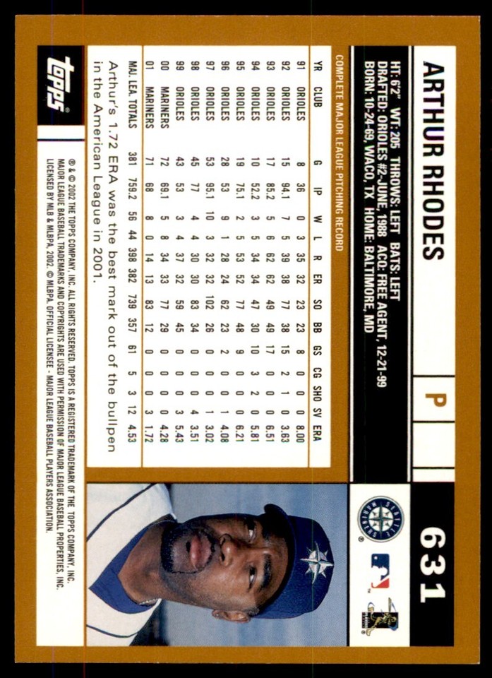 2002 Mint * Topps Arthur Rhodes Seattle Mariners #631 | eBay