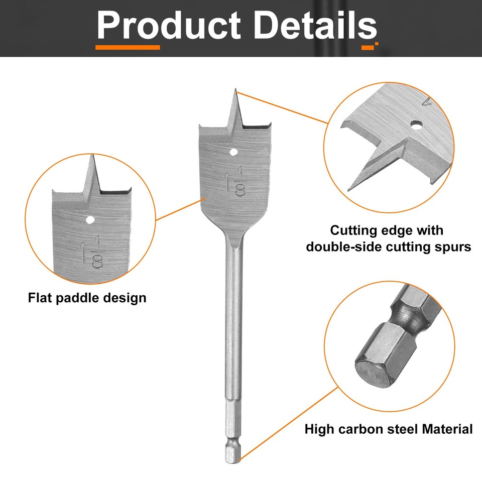 Spade Drill Bit 1-1/8" Paddle Flat Bits Wood Hole Cutter Silver Tone ...