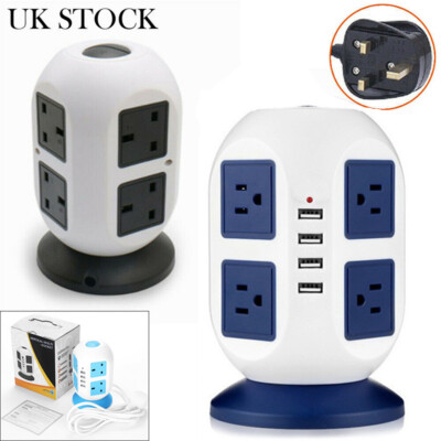 8 Way Switched Surge Protected Tower Extension Lead UK Mains Plug ...