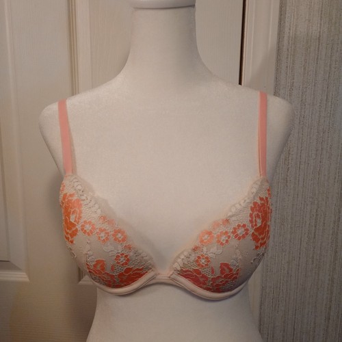 Women's Push Up Bra Sz 34B Peach Cream Floral Underwire Padded Lace Demi Cup EUC | eBay