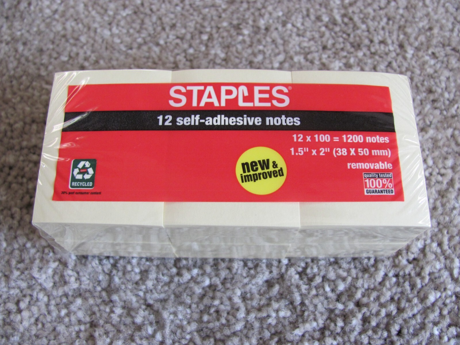 Staples Self-Adhesive Notes 1.5"x2" 100 Sheet/Pad 12 Pads/Pack Brand ...