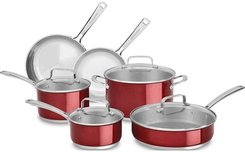 KitchenAid 10 Piece Stainless Steel Cookware Set, Candy Apple Red ...
