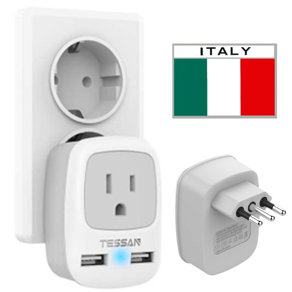 Italy Travel Power Adapter 3 Prong Grounded Plug with USB Port to ...