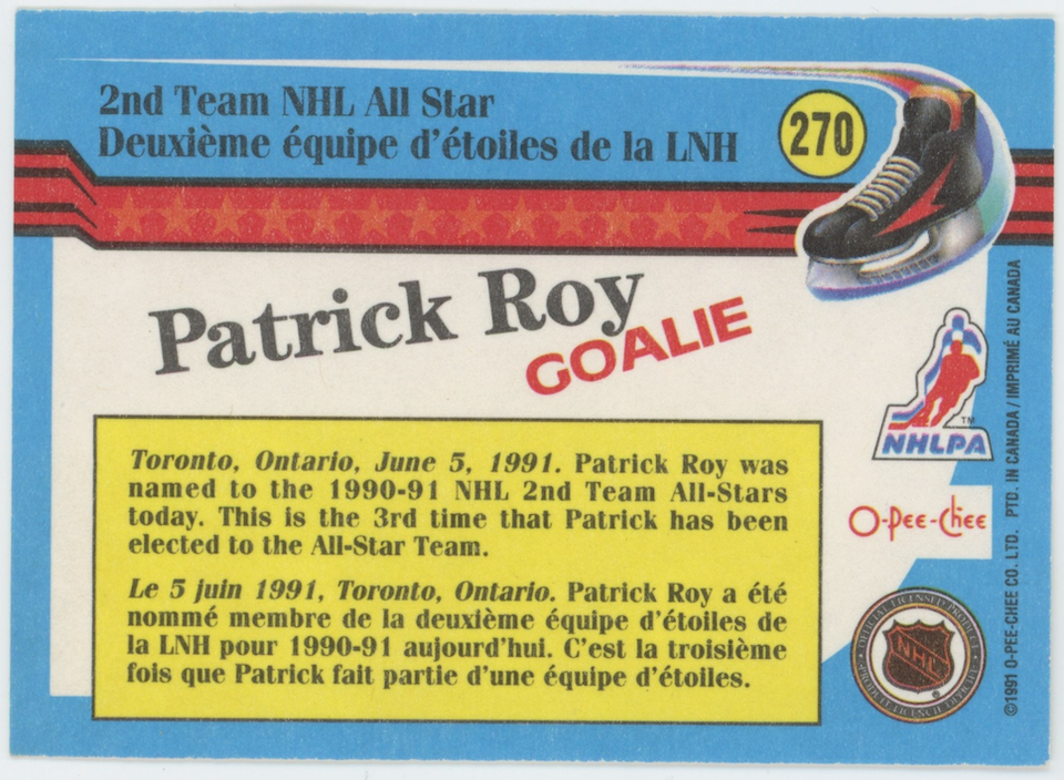 Patrick Roy Auto Signed 1991 OPC O-Pee-Chee All Star Canadiens #270 ...