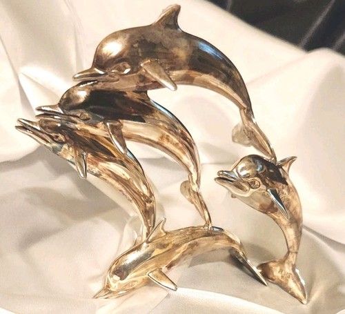 5 DOLPHIN FIGURINE JOINED TOGETHER MARK PLATA 950 SILVER ON EA. TAIL ...