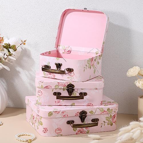 3 Pack Paperboard Suitcases Decorative Storage Box with Lids and Metal ...
