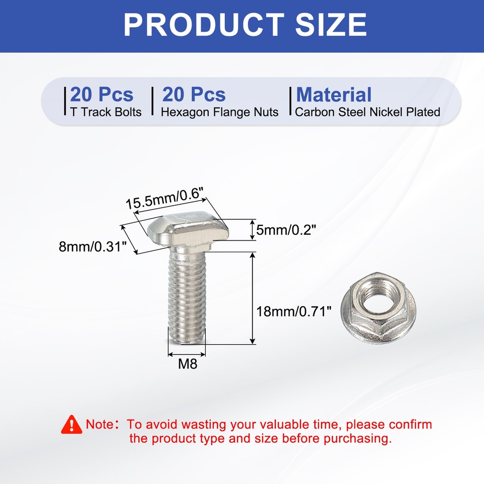 20 Set M8x20mm T-Slot Bolts with Hexagon Flange Nuts Set for 30 Series ...
