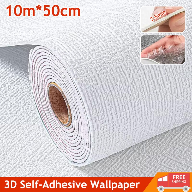 10M Thick Self Adhesive Thermal Insulation Wallpaper White Linen Wall ...