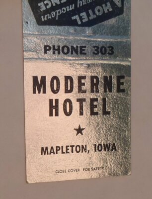 1950s? Moderne Hotel Phone 303 Mapleton IA Monona Co Matchbook Iowa | eBay