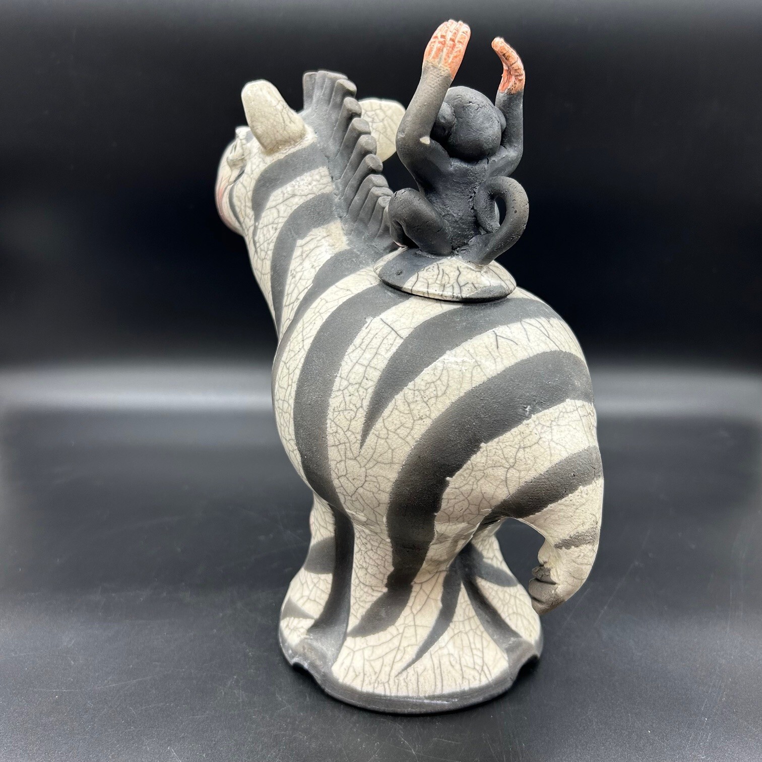 Peter Alsen Raku Pottery Oregon Zebra with Monkey Vessel Whimsical ...