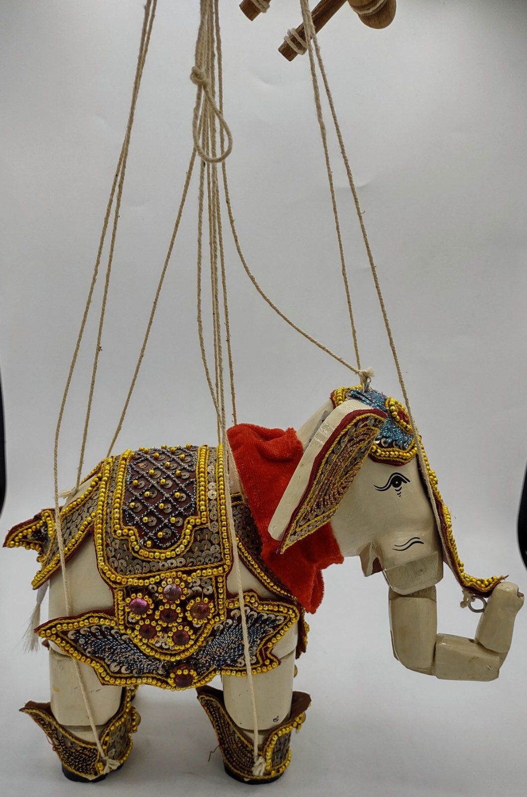 Hand Carved Wood Elephant Bling Saddle Asian Marionette String Puppet 8 ...