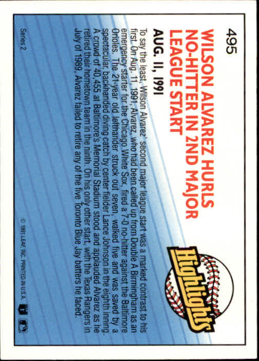1992 Donruss Baseball Card #495 Wilson Alvarez HL | eBay