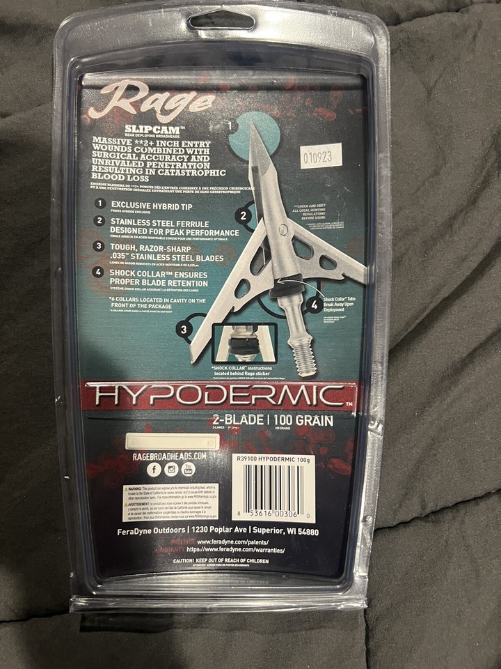 Rage R39100 Hypodermic 2 Blade 100 Grain Broad Heads - 3 Pack ...