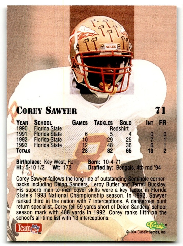 1994 CLASSIC NFL DRAFT COREY SAWYER CINCINNATI BENGALS #71 | eBay