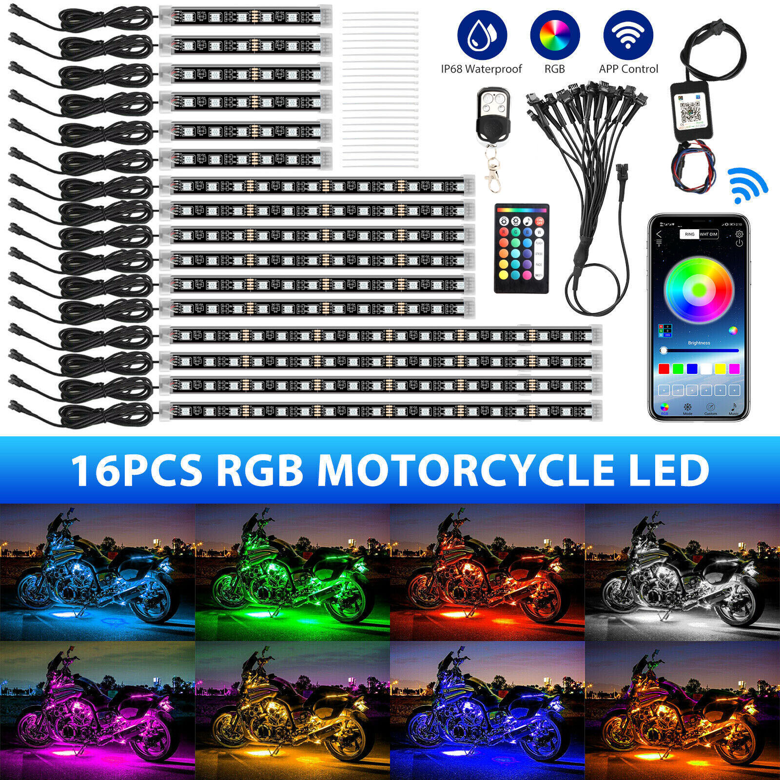 16PCS Motorcycle RGB LED Strip Light Under Glow Neon Kit Bluetooth APP ...