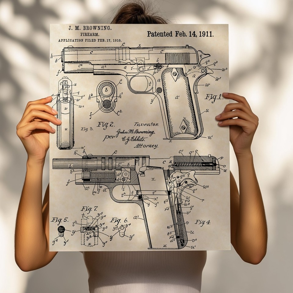 1911 Colt Handgun J.M. Browning Firearm Patent Art 20x16 Gun Print on ...