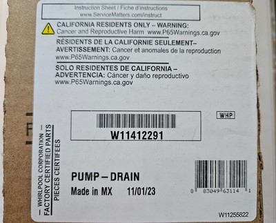 W11412291 Genuine OEM Whirlpool Dishwasher Drain Pump NEW | eBay