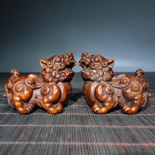 2pcs Old Artifacts Exquisite Boxwood Carving Pixiu Statue Art Ornaments ...