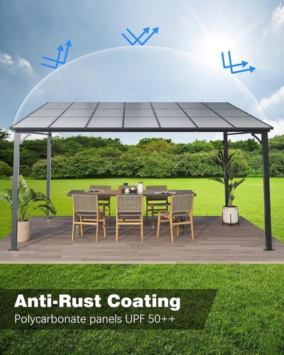 12'x14' Lean to Gazebo,Hardtop Canopy Aluminum Frame Patio Yard Outdoor ...