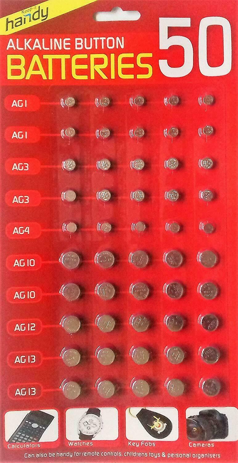 50 ASSORTED BUTTON CELL WATCH BATTERY BATTERIES AG 1 / 3 / 4 / 10 / 12 ...