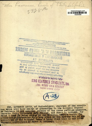 Press Photo Mrs. Lawrence Lewis, chairman of committee for National ...