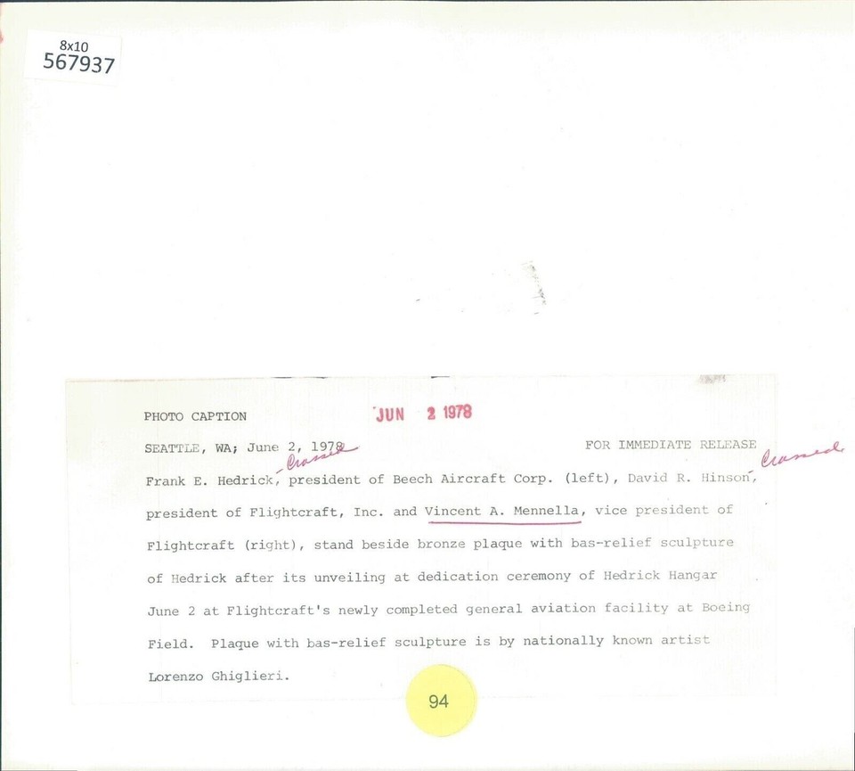 1978 Vincent Mennella Frank Hedrick President Beech Aircraft Corp 8x10 ...
