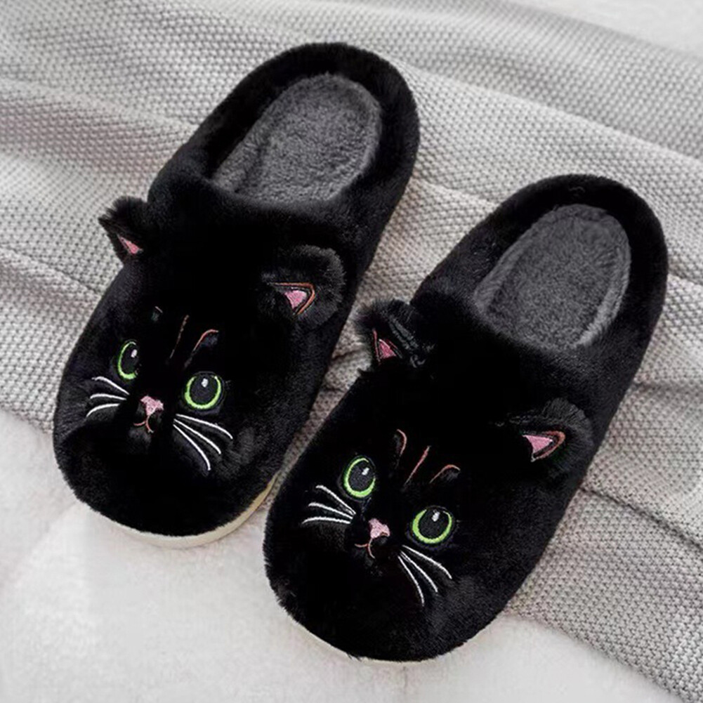 Women Men Home Cotton Shoes Cozy Cute Cat Slippers for Winter (Black 44 ...