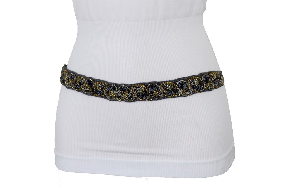 Fun Women Hippy Bling Skinny Stretch Grey Waistband Fashion Belt Bling ...