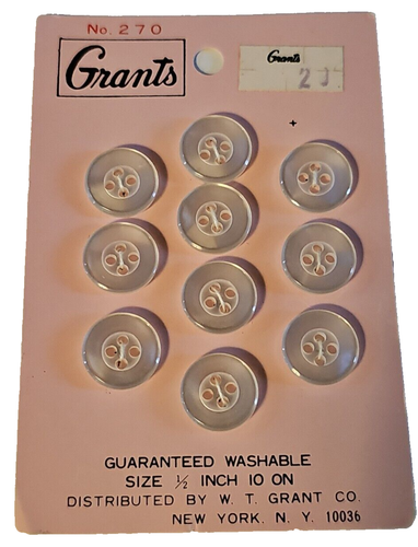 Grants White Shiny Sheen Buttons On Card New Old Stock VTG NOS 10 ...