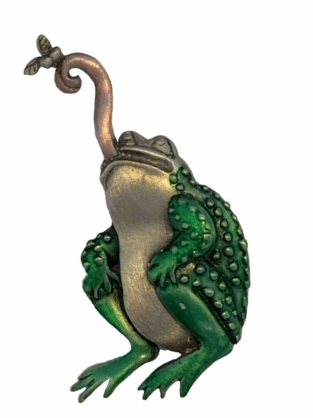 JJ Jonette Brooch Pewter Pin Frog Catching Bug Jewelry Green Toad Fly ...