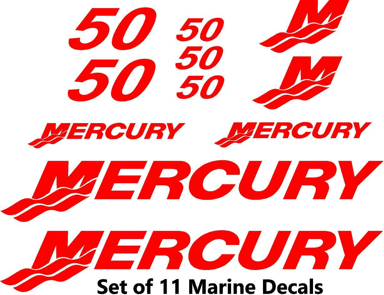 (11pc) Set of 50 Hp Mercury outboard boat cowling decal set custom ...
