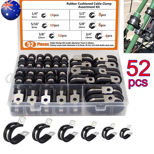52x Stainless Steel Rubber Lined P Clips Cable Wiring Hose Wire Clamps ...