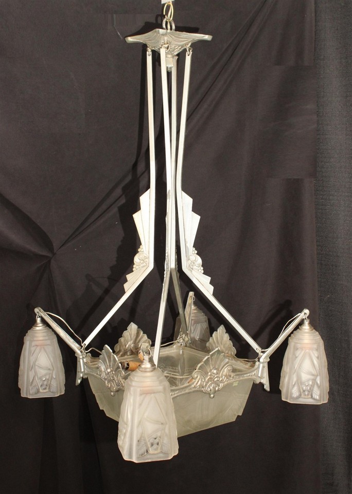Lrg Antique Art Deco French Muller Freres Frosted Glass Chandelier ...