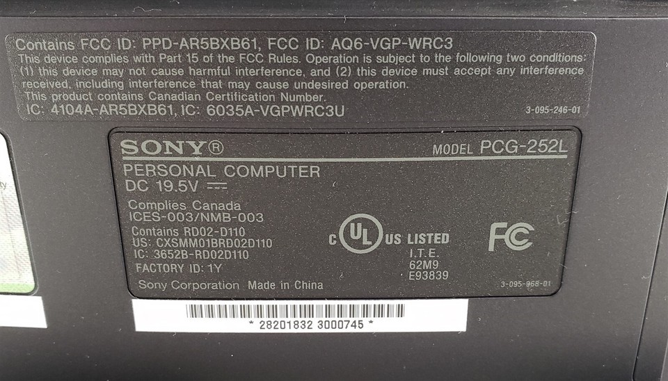 Sony Vaio PCG-252L Personal Computer with Original Mouse and Keyboard ...
