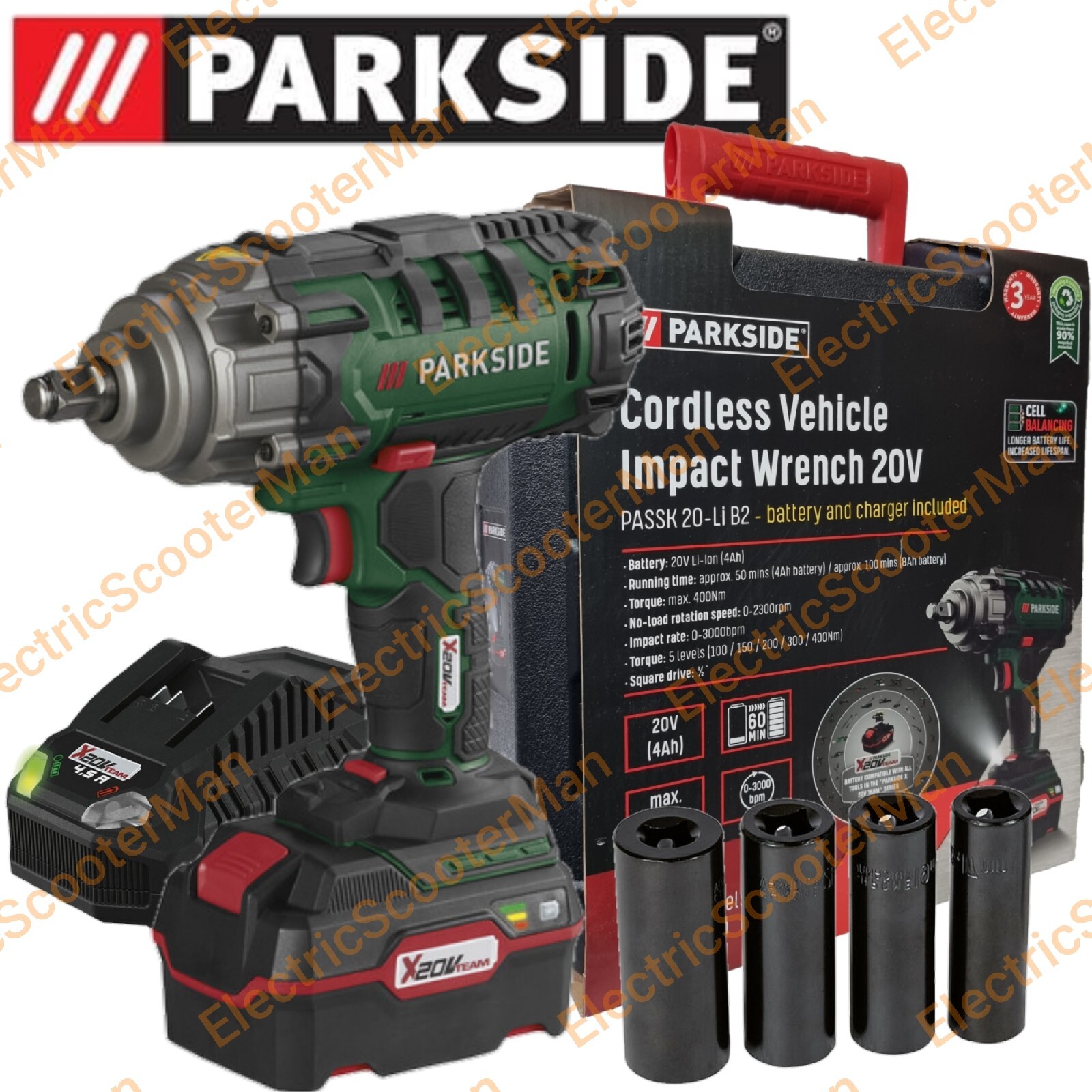 Parkside 20V Cordless Vehicle Impact Wrench + 4Ah Battery & Charger + 4 ...