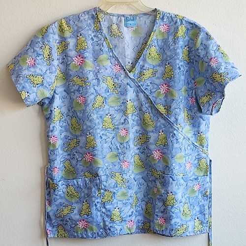 UA Uniform Advantage Scrub Top Womens 1X Blue Frog in Pond Pockets Ties ...