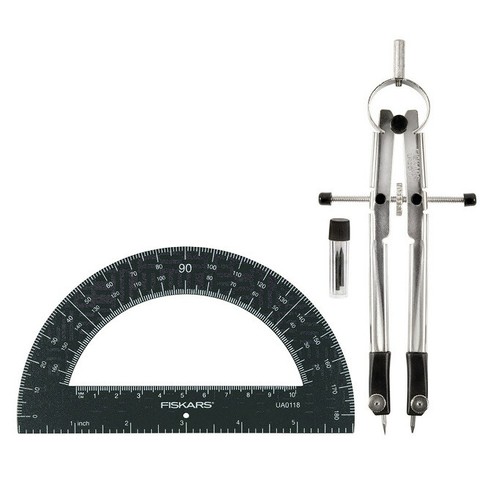 Fiskars Metal Protractor & Compass Set, Gray, 12 inch with Lead Refills ...