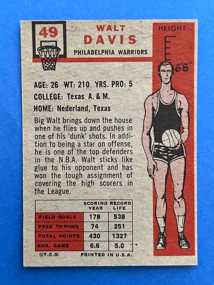 1957 TOPPS BASKETBALL #49 WALT DAVIS WARRIORS EXCELLENT CONDITION SET ...