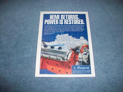 1992 Mopar Performance Parts Vintage Engine Ad "Hemi Returns. Power is ...