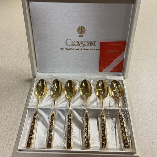 Vintage Cloisonne Enamel Gold Plated Spoon Set HINODE JAPAN New In Box ...
