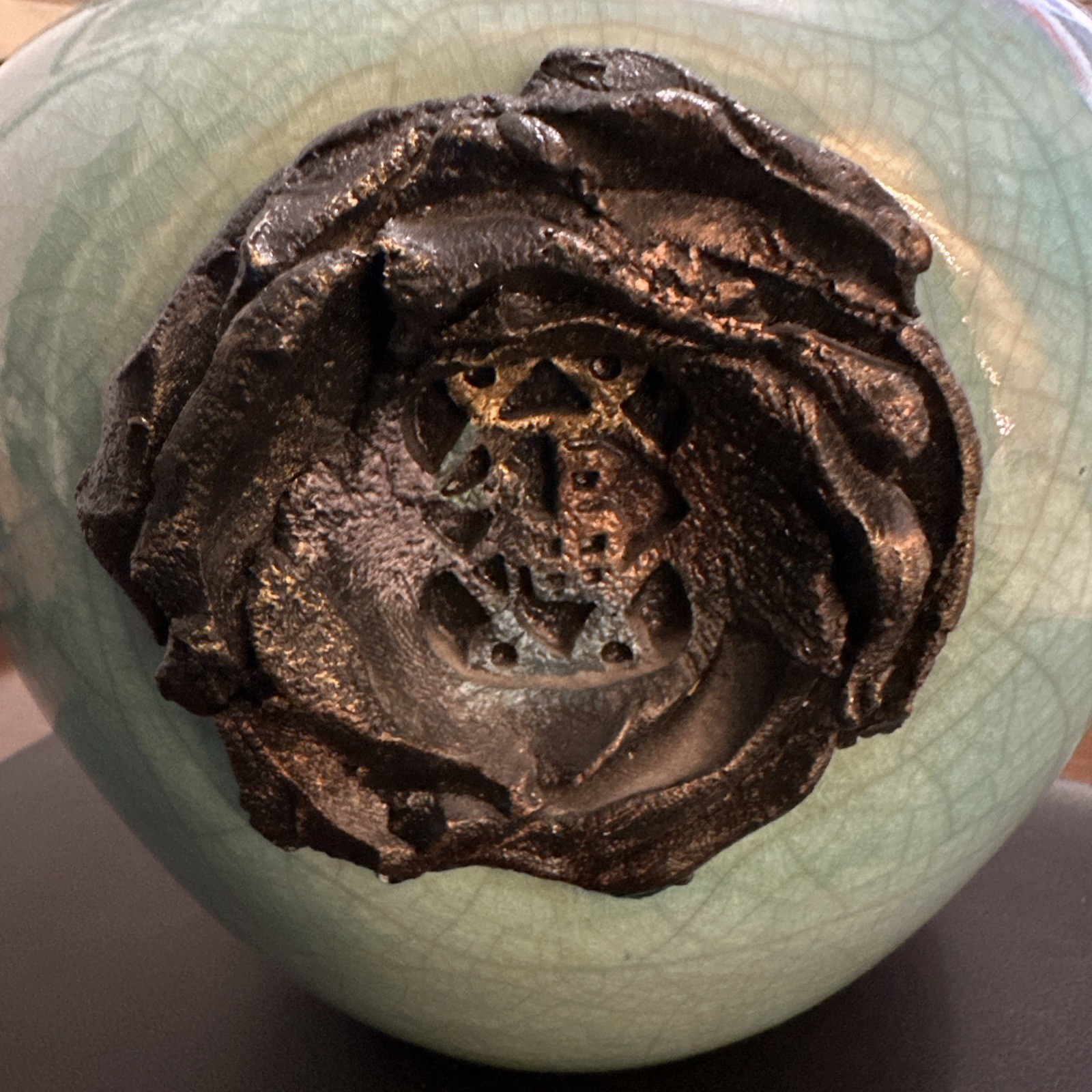 Matthew Lovein Wish Keeper Turquoise Jade Raku Pottery, Signed