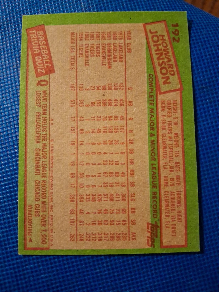 1985 HOWARD JOHNSON HOJO TOPPS BASEBALL ROOKIE CARD RC #192 TIGERS NY ...