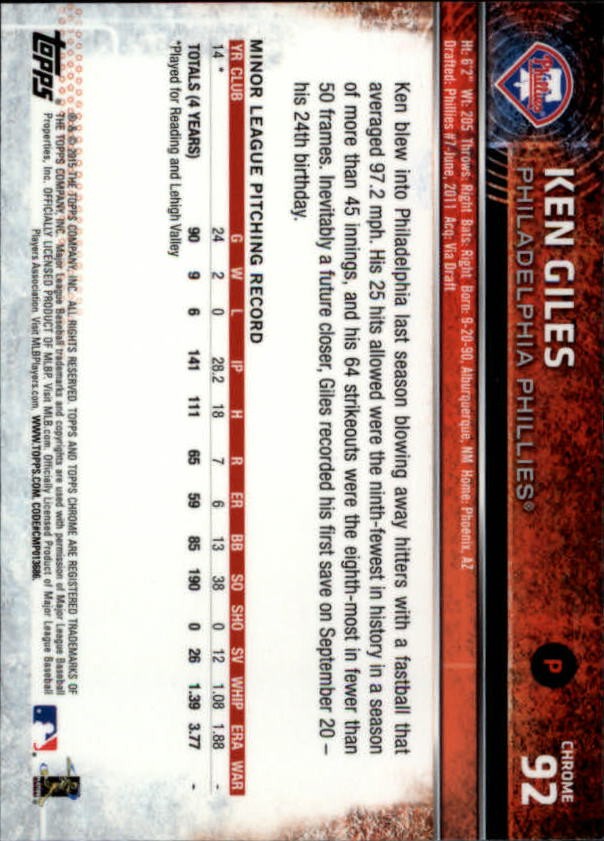 2015 Topps Chrome Prism Refractors #92 Ken Giles BB | eBay