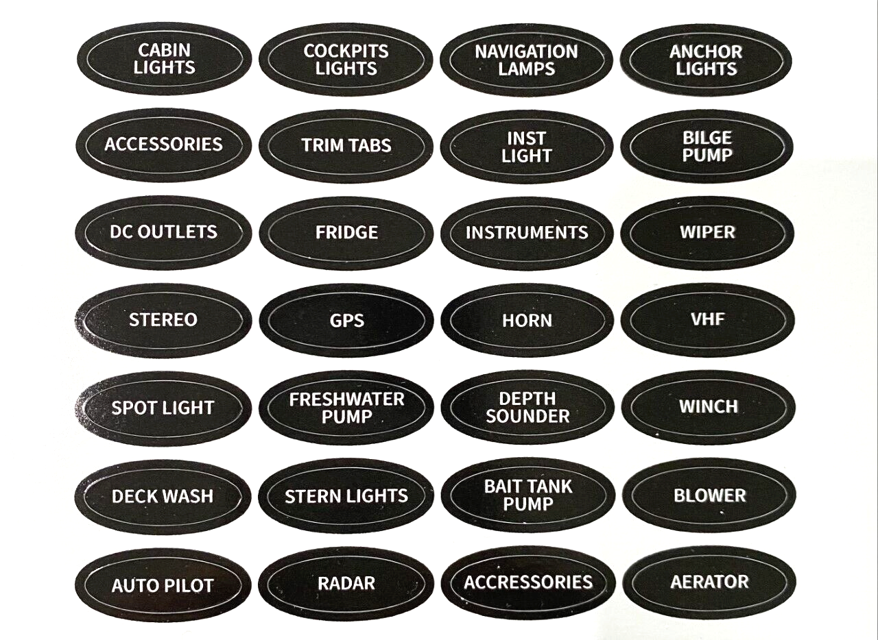 ROCKER SWITCH PANEL OVAL VINYL LABELS 28PCS Boat Marine switchboard ...