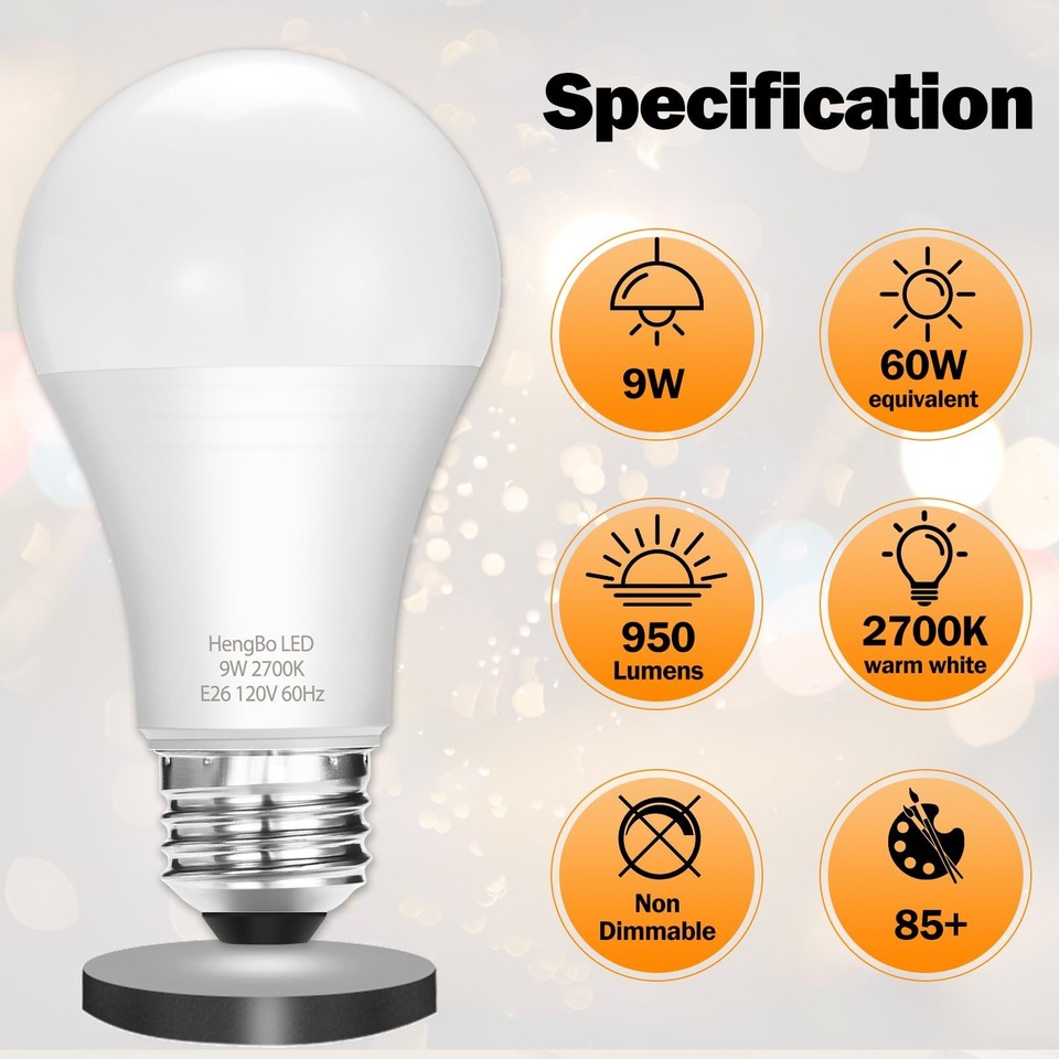 HengBo 60W Equivalent Led Light Bulb, 2700 Kelvin Warm White 950 Lumens ...