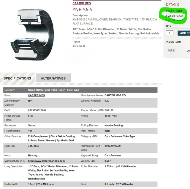 Carter Bearing YNB-56-S 1 3/4" Yoke Roller OF32 for sale online | eBay