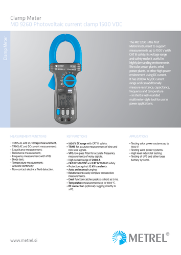 Metrel MD 9260 Photovoltaic Current Clamp PV Clamp Meter 1500V 2000A AC ...